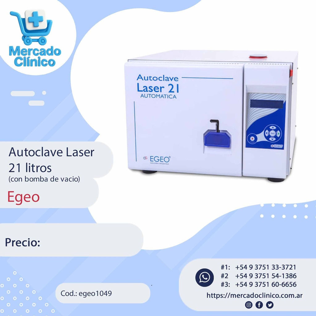 Autoclave 21 Litros - con bomba de vacio - Egeo | Mercado Clinico AR